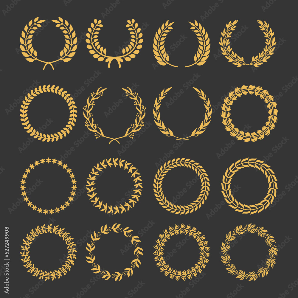 Collection of different golden silhouette laurel foliate, foliage ...