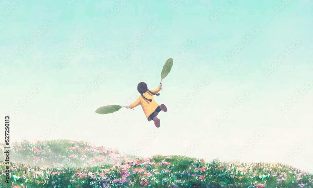 A girl flying in the sky. Concept art of child dream, freedom kid ...