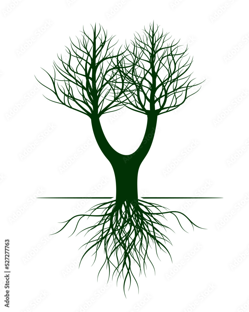 Green Tree with Roots. Vector outline Illustration. Stock Vector ...