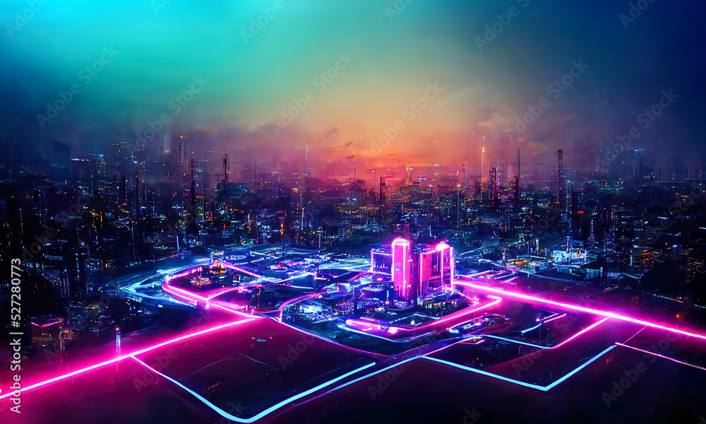 Glowing neon infrastructure in futuristic synthwave city Stock ...