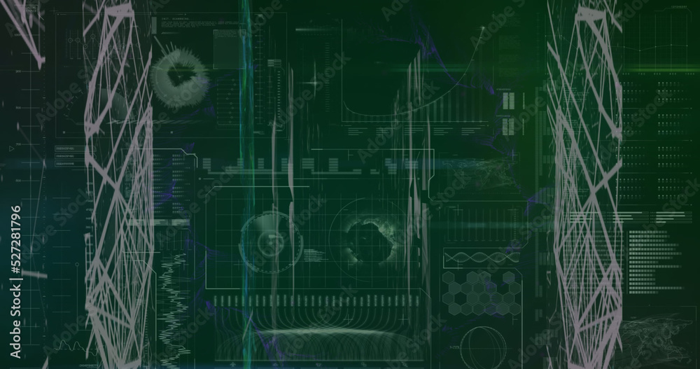 Image of screens of network of connections against data processing on ...