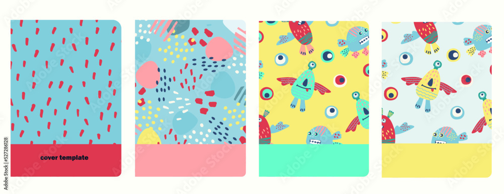 Cover page templates based on patterns with hand drawn funny monsters ...