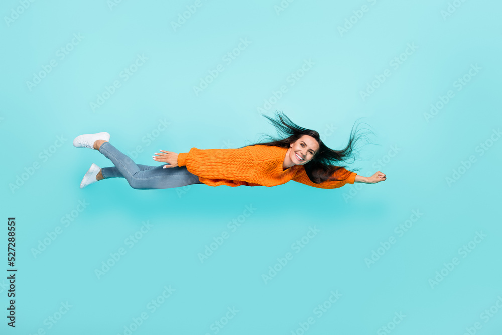 Full body profile portrait of crazy overjoyed lady raise fist flying ...