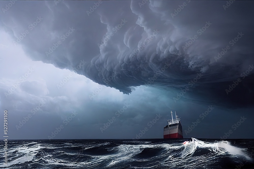 bright noon day, gigantic thunderstorm in a middle of the ocean ...