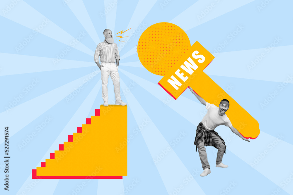 Collage photo of miniature man hold big microphone for old grandfather ...