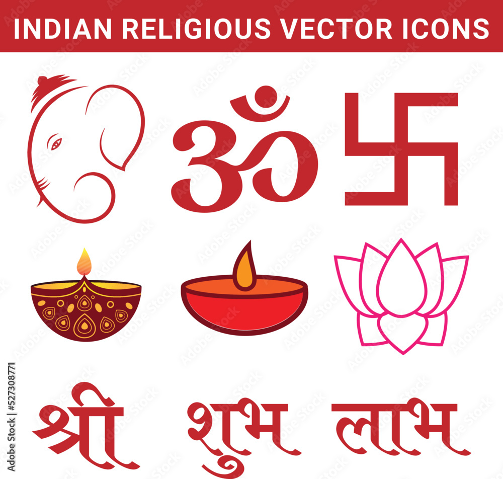 Abstract vector Indian religious icons of Ganpati, Diya, swastik, lotus ...