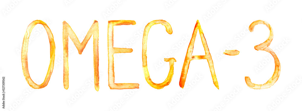 Hand sketched yellow watercolor lettering Omega-3. Modern brush ...