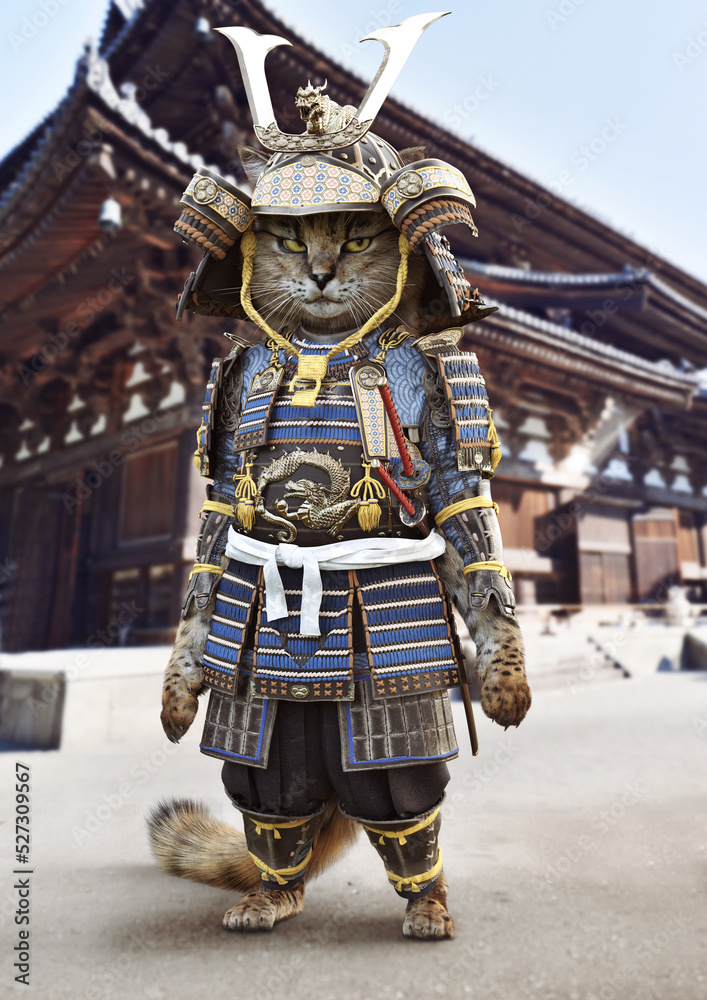 Kitty Samurai themed background.Concept portrait of a cute cat dressed ...