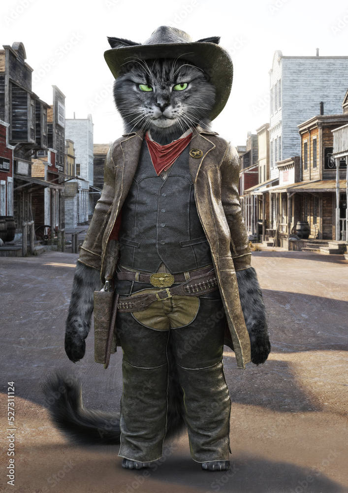Kitty western themed background.Concept portrait of a cute cat dressed ...