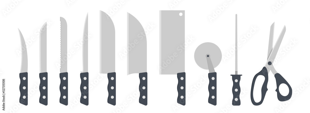 Set of kitchen knives clipart vector illustration. Knife with plastic ...