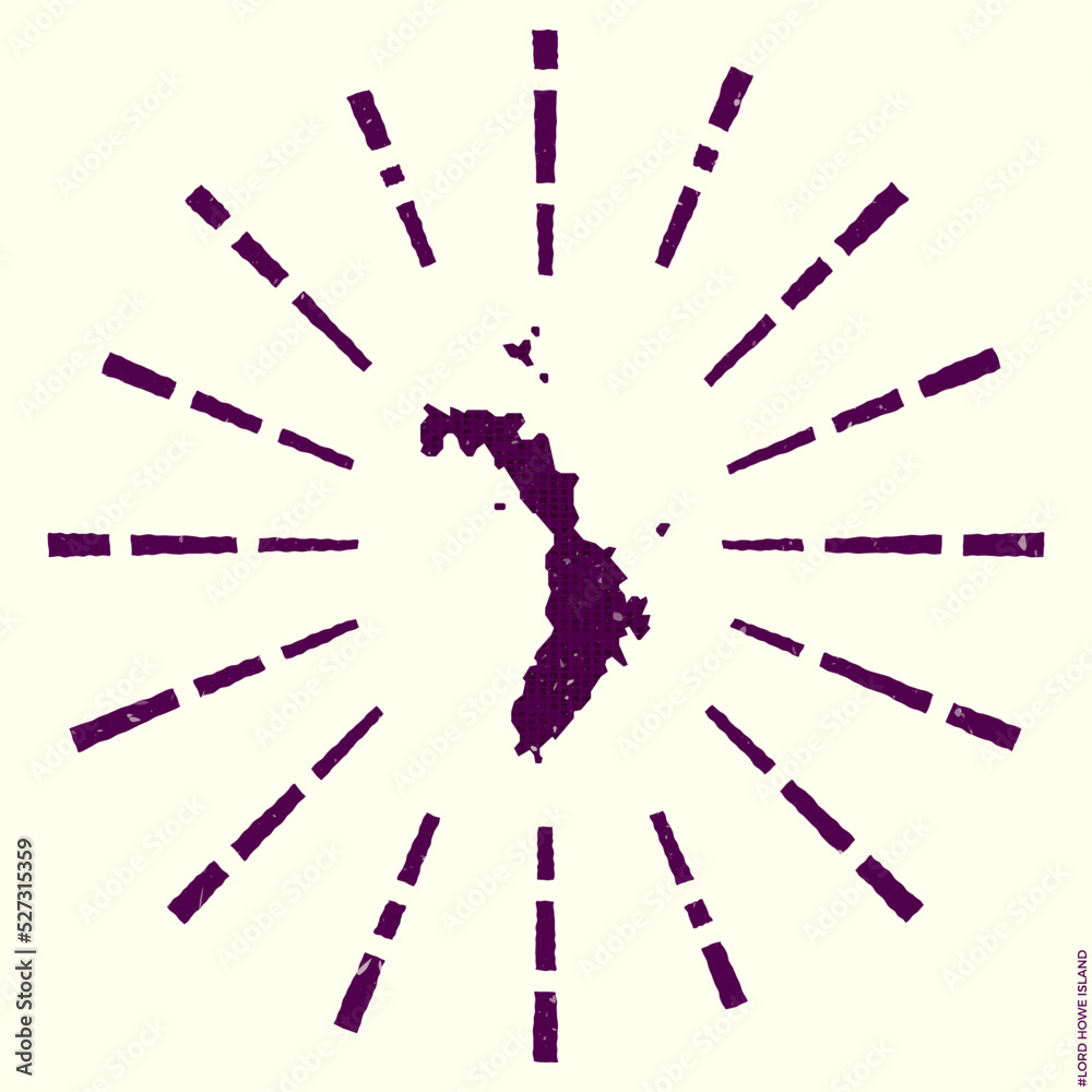 Lord Howe Island Logo. Grunge sunburst poster with map of the island ...