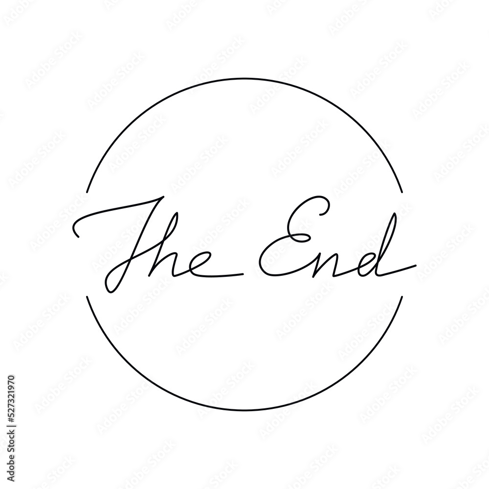 Vector handwritten lettering The End isolated. One line continuous phrase, quote, slogan. Modern ...