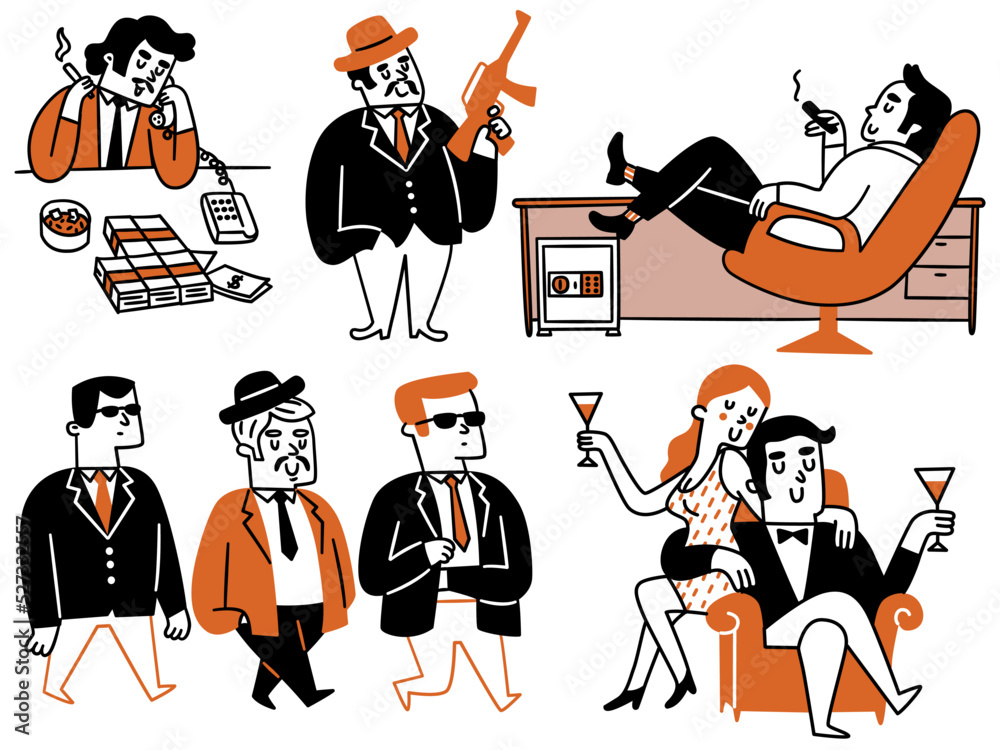 Cute character illustration doodle of mafia man and bodyguard. Outline ...