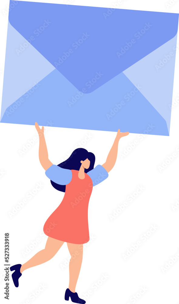Cute tiny vector woman carrying huge envelope overhead. Female ...