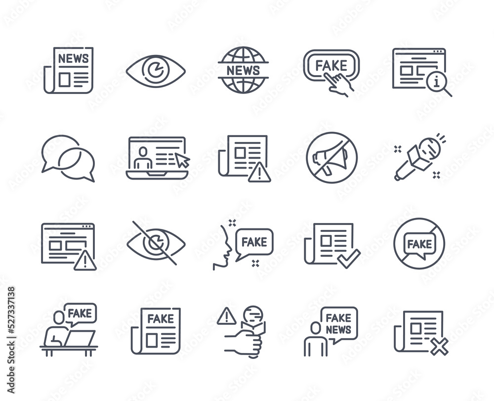 Set of Fake News Related Line Icons. False information in newspapers ...