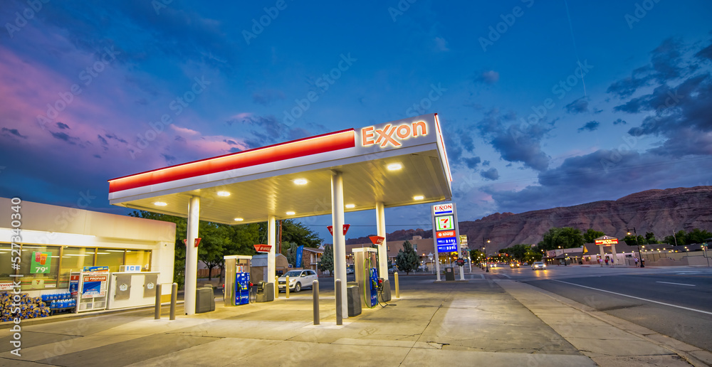 Moab, Utah - June 30, 2019: Exxon gas station at night with red colors ...