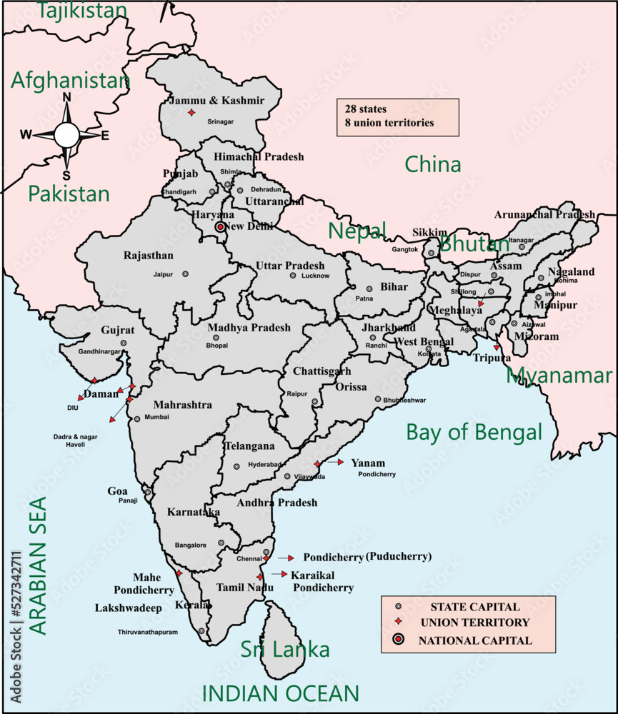 Indian political outline only map with clearly defined borders, all ...