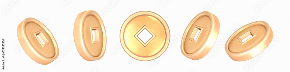 Ancient old gold traditional Chinese coin with a square hole. Set of ...