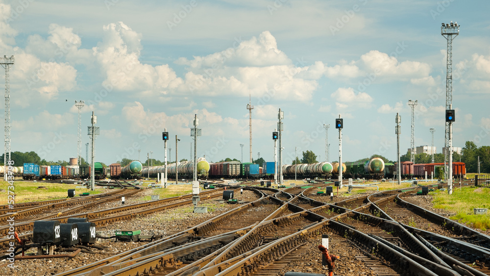 a freight sorting railway station, in the photo a sorting node on the ...