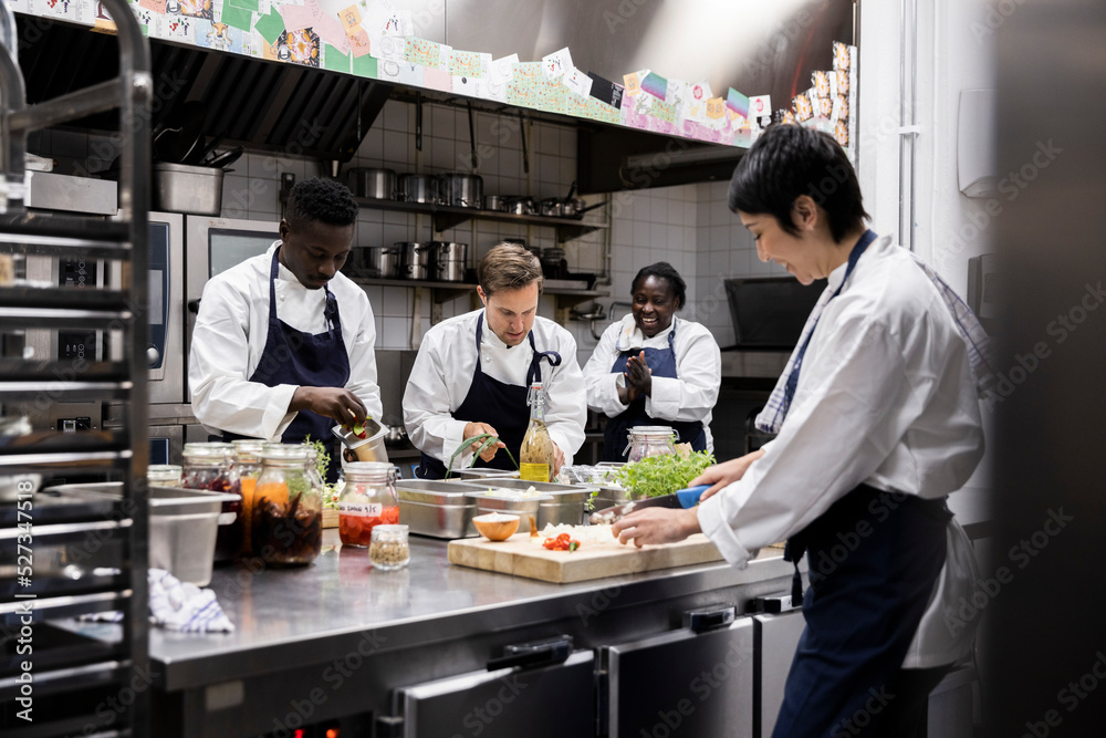 Multiracial chefs working in commercial kitchen at restaurant Stock ...