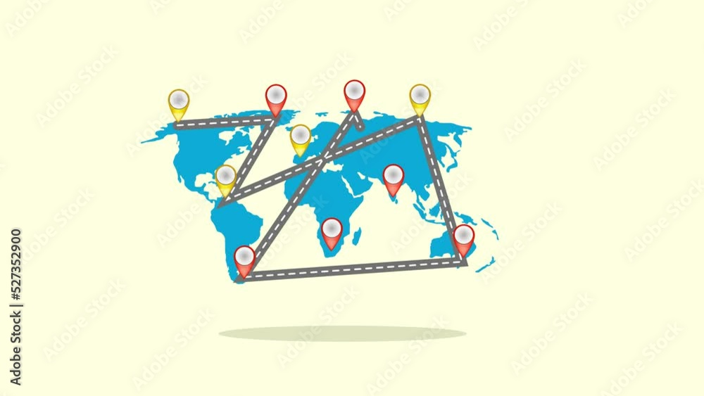 Abstract world map animation with pointers. pins, navigation and travel ...