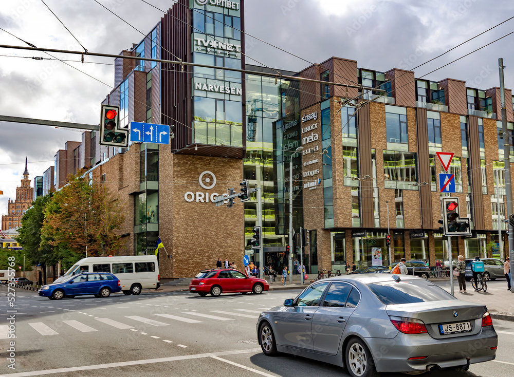 LATVIA, RIGA, AUGUST, 2022 - Modern multi-storey Origo shopping center ...