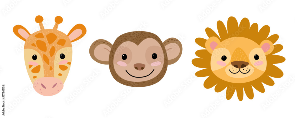 Cute animal face characters set in cartoon style. Giraffe, monkey and ...