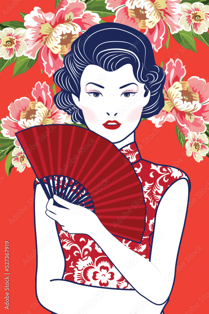 Vector of Chinese woman pop art style holding a fan on colorful Chinese ...