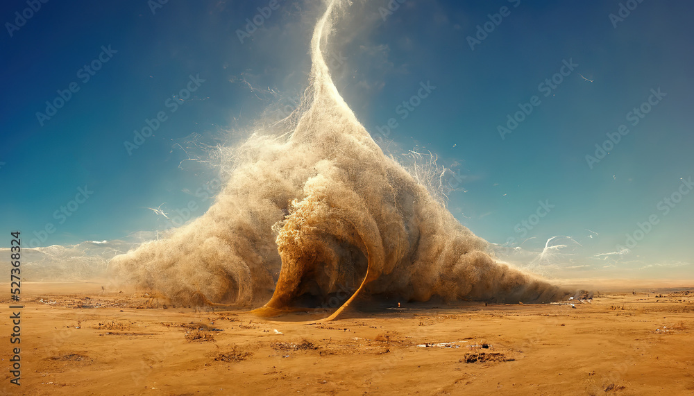 Raster illustration of sandstorm in desert. Dust column in the sandy ...
