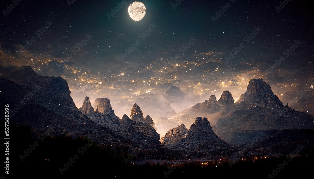 Raster illustration of spooky empty rock in dark scary desert under ...