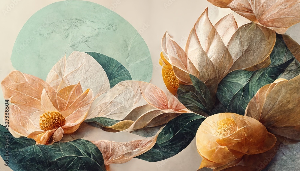Raster illustration of flowers on a sheet. Rose, chrysanthemums ...