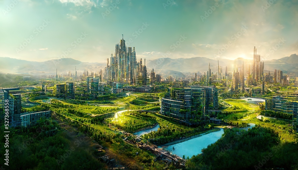 Raster illustration of biologically clean city. City among forests ...