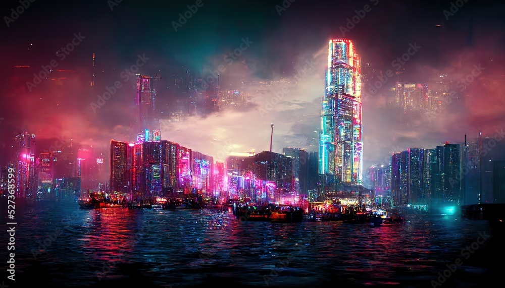 Raster illustration of night City on the river, Venice of the future ...