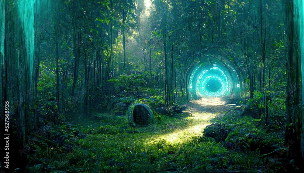 Raster illustration of a portal in the clearing in the forest ...