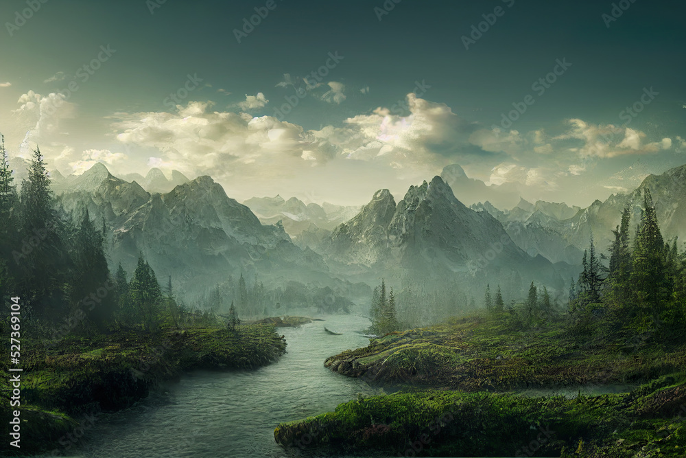 beautiful calm nature landscape background, flowing river, green fields ...