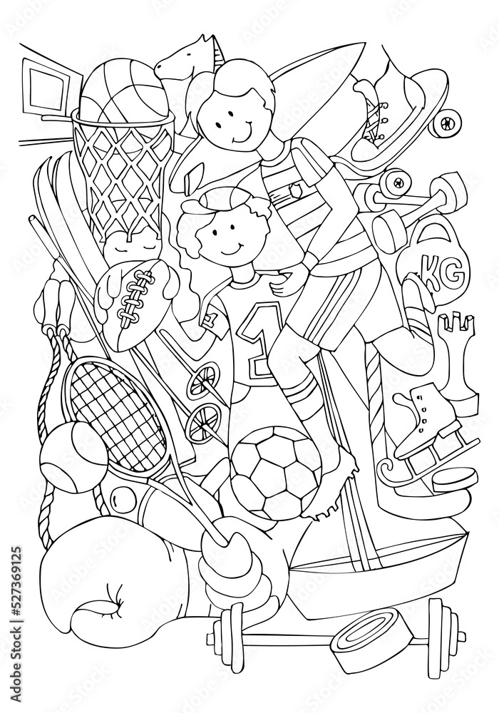 Coloring page. Different types of sports. Sport equipment. Education ...