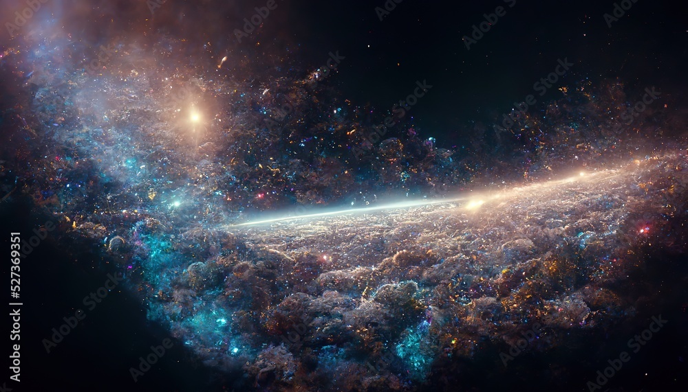 Raster illustration of desert planet with shining alien objects and ...