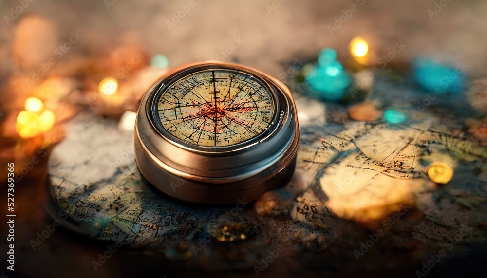 Raster illustration of magic compass. Mariners compasswith ancient ...