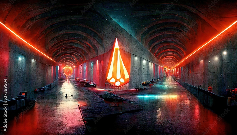 Raster illustration of abandoned underground bunker with red neon ...