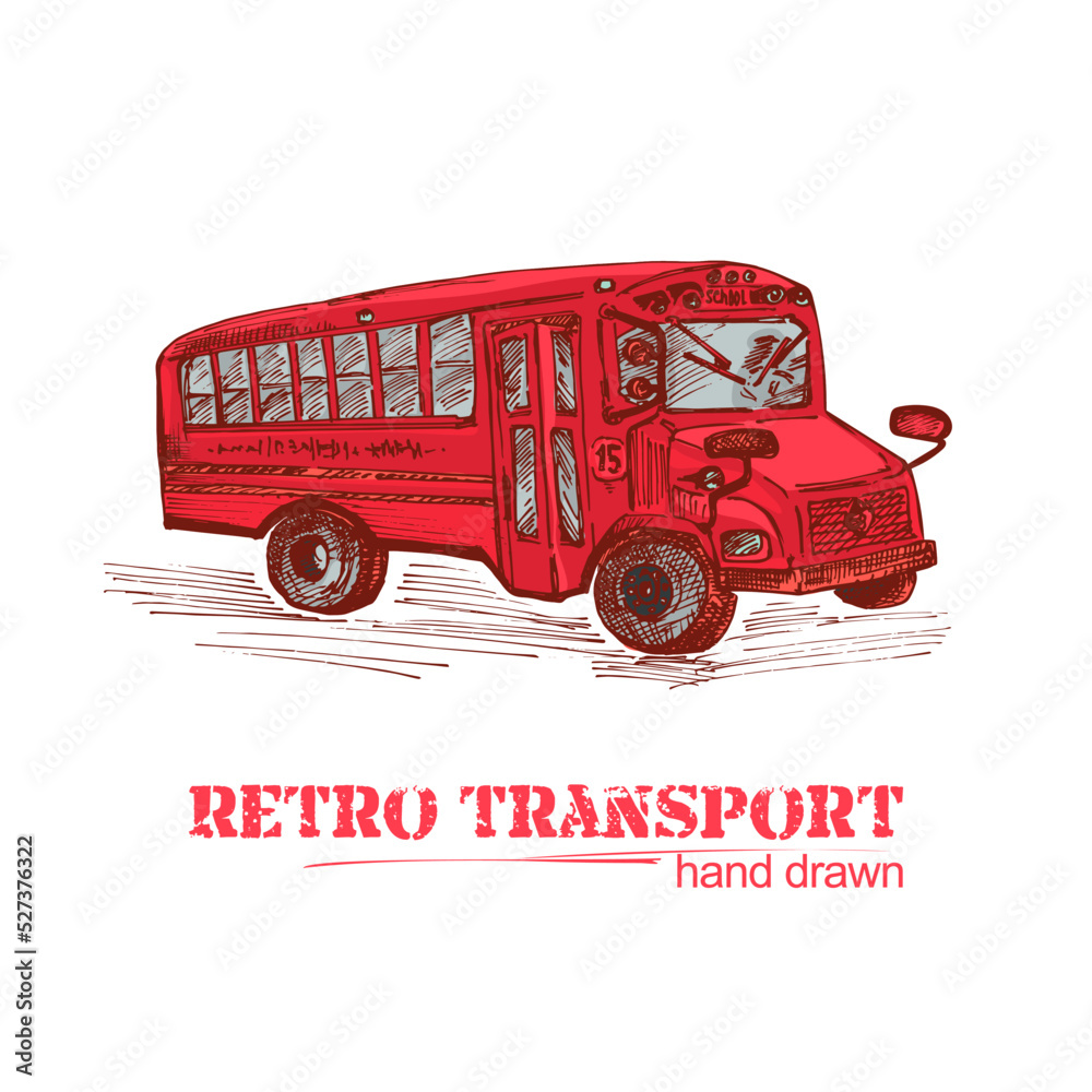 Hand drawn red retro bus isolated on white background. Vintage truck in ...