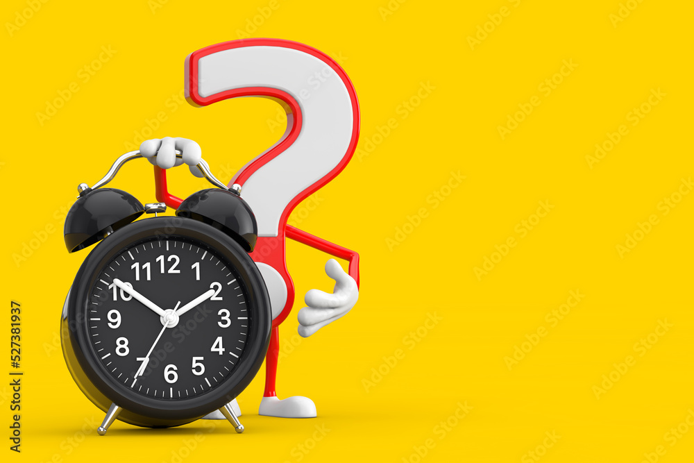 Question Mark Sign Cartoon Character Person Mascot with Alarm Clock. 3d ...
