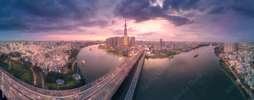 Aerial sunset view at Landmark 81 - it is a super tall skyscraper and ...