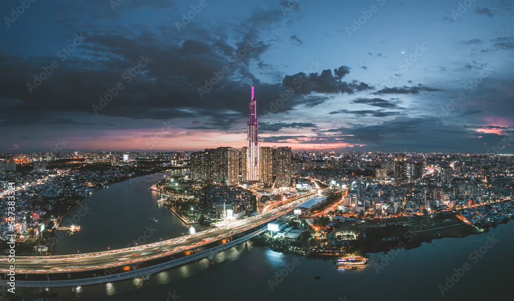 Aerial sunset view at Landmark 81 - it is a super tall skyscraper and ...