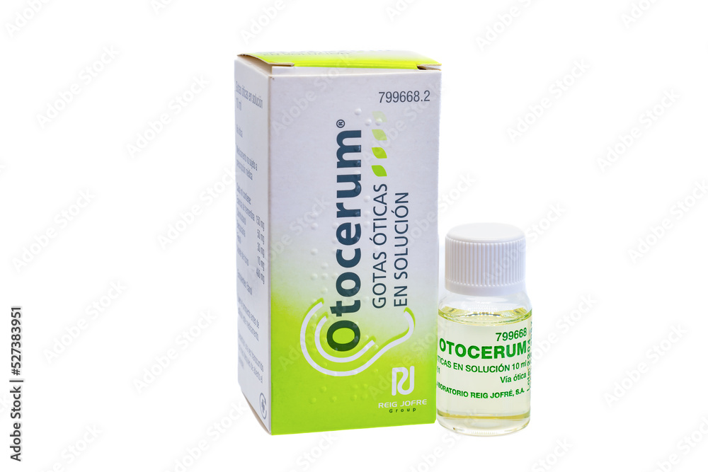 Huelva, Spain - August 31, 2022: Spanish bottle and box of Otocerum Ear ...