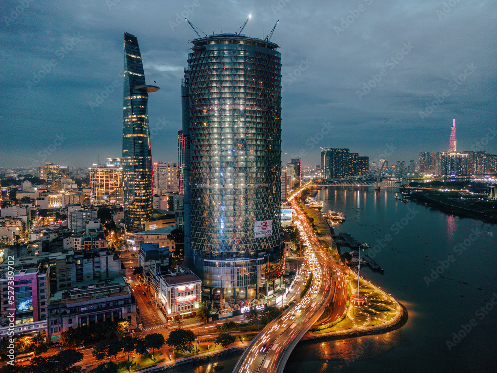 Aerial view of Bitexco and IFC One Saigon Tower, buildings, roads, Thu ...