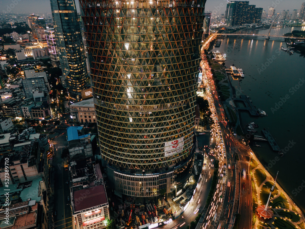 Aerial view of Bitexco and IFC One Saigon Tower, buildings, roads, Thu ...
