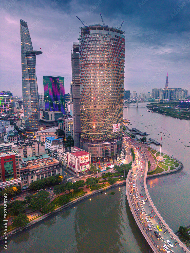 Aerial view of Bitexco and IFC One Saigon Tower, buildings, roads, Thu ...