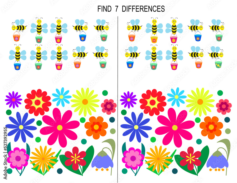 Game for kids to find differences with bees, buckets and flowers. For ...