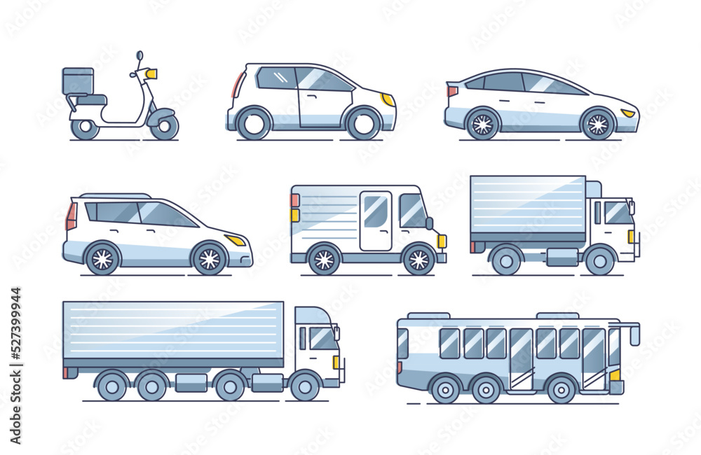 Cars set with various size, shape and type transportation outline ...