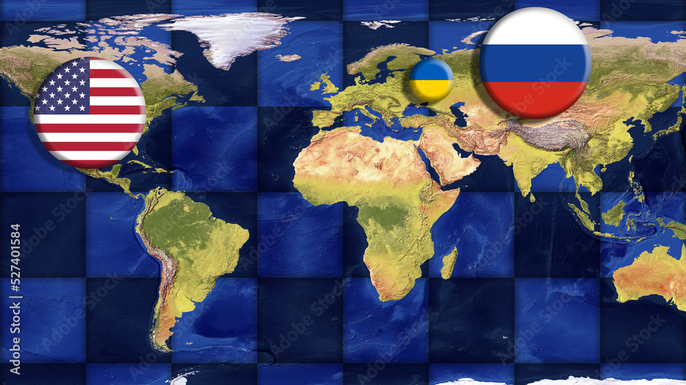 Ukraine, Russia and USA Flags on World Map with Chessboard. Stock ...